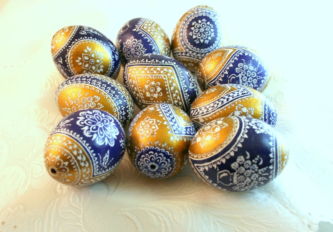 10 Stück Ostereier, blau golden Pysanky, echte Hühnereier, Pysanky Eier ...