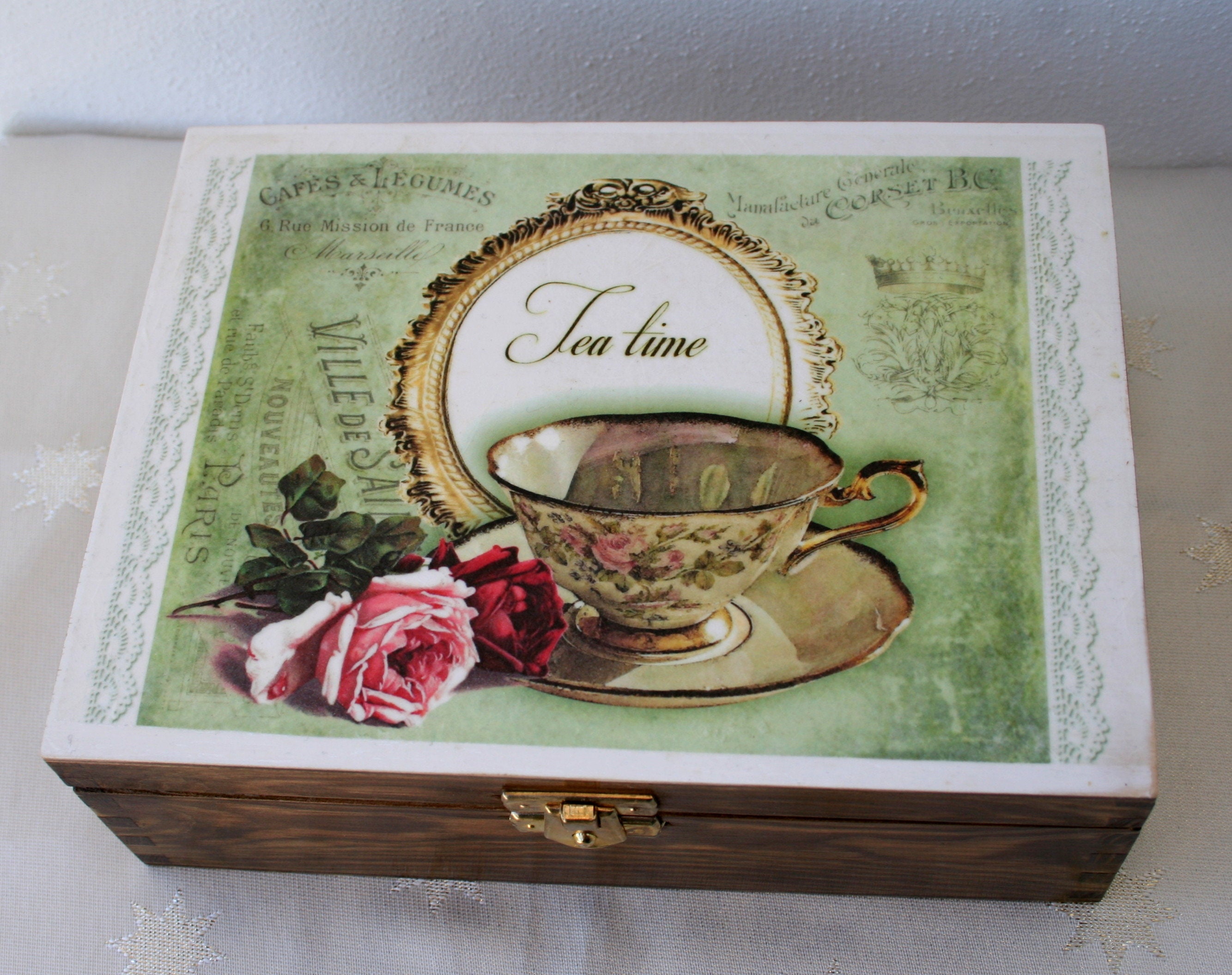 Wood tea box with cup tea storage box with roses kitchen | Etsy