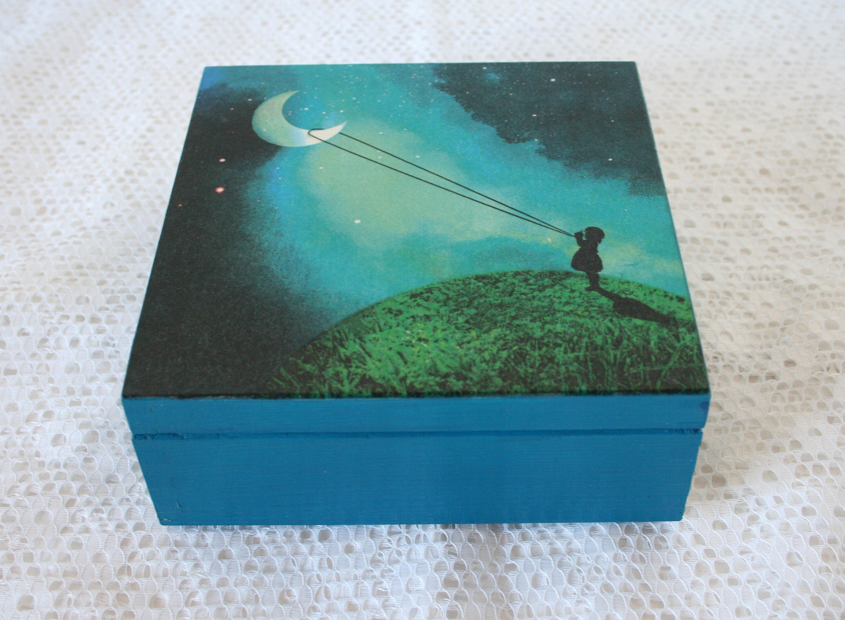 Jewelry Box Over the Moon Wooden Box Keepsake Box Blue Box | Etsy