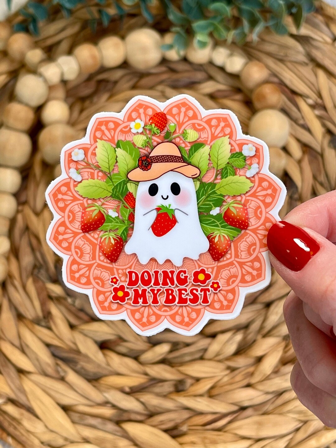 Doing My Best Strawberry Ghost Sticker, My Best Motivational Ghost ...