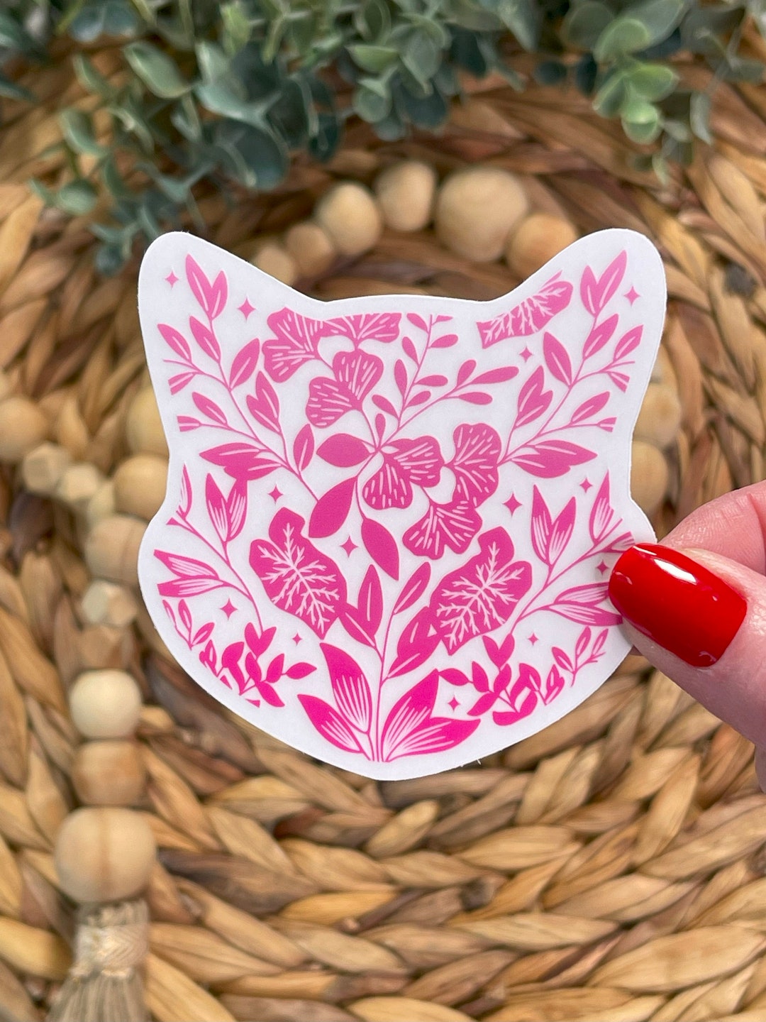 Clear Floral Pink Cat Sticker, Floral Cat Mom Sticker, Chic Cat Gift ...