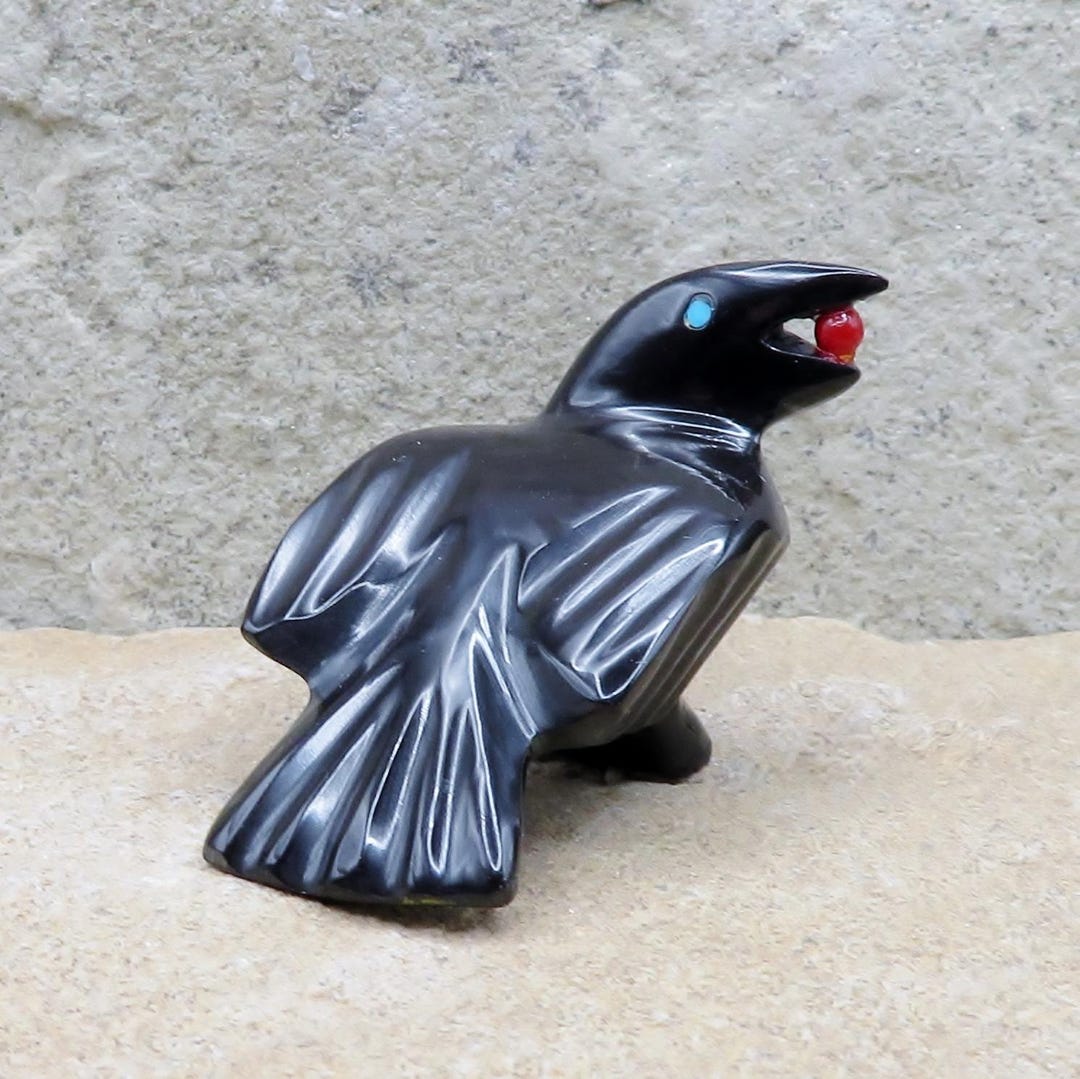 Zuni Fetish-native American Animal Carving-black Marble RAVEN With ...