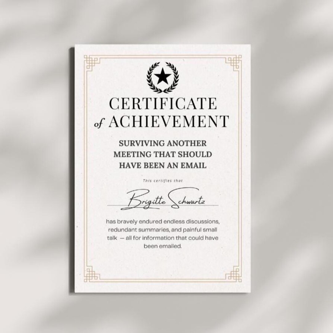 Funny Survived Meeting Award Certificate: Office Gag Gift (printable ...