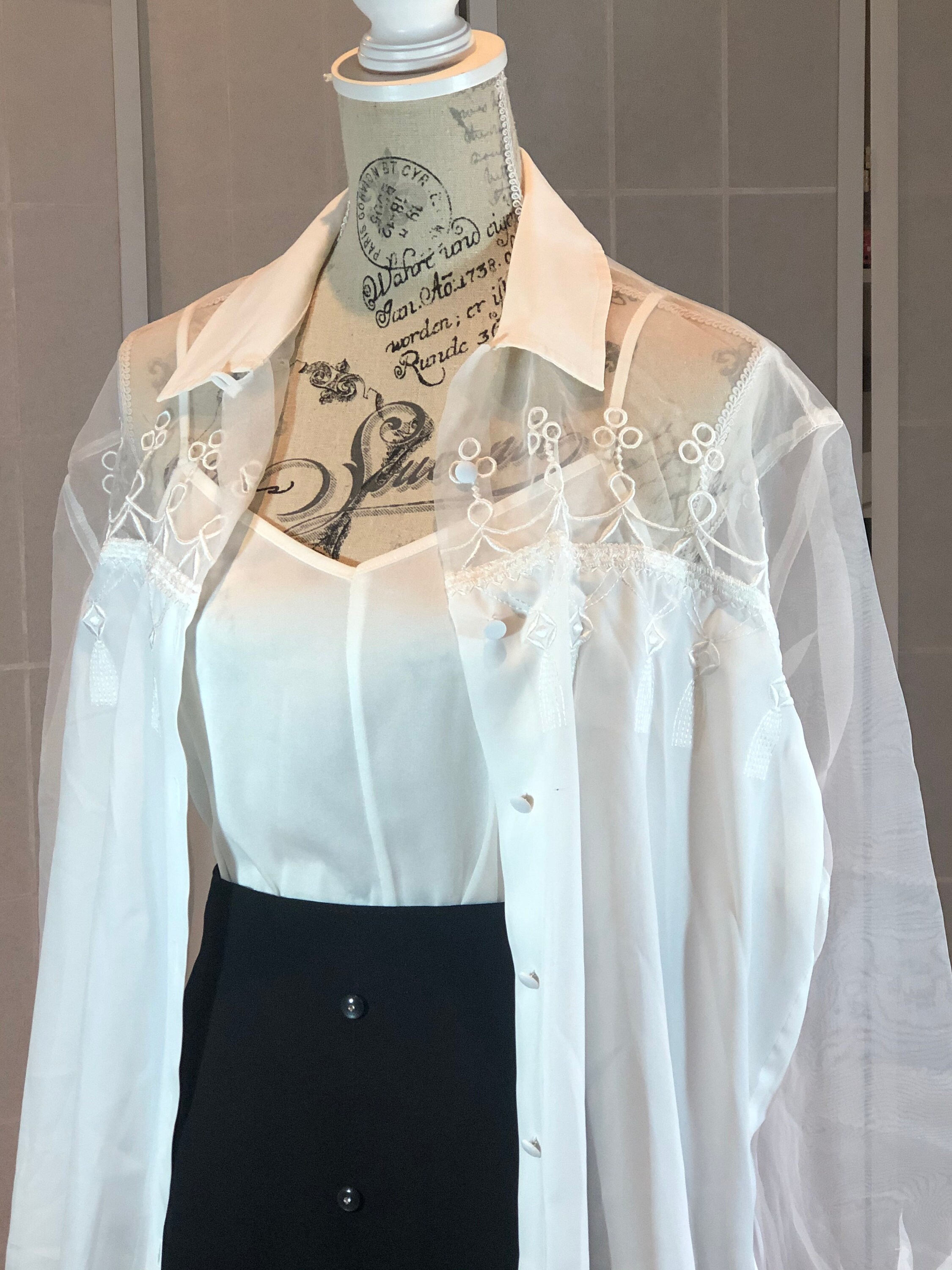 Womens White Blouse With Sheer Sleeves And Sheer Top Etsy