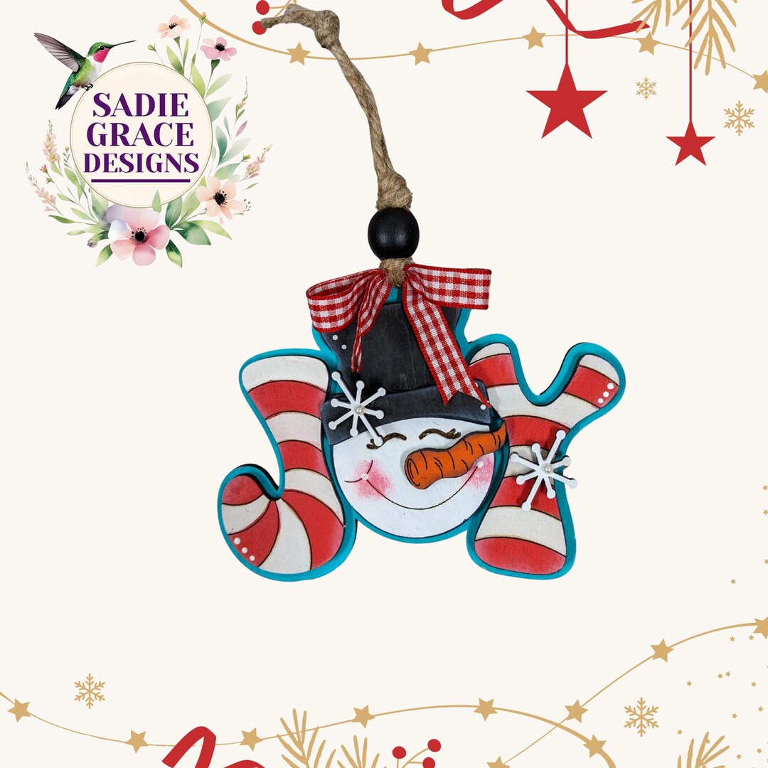 Joy Candy Cane Snowman Wood Ornament - Etsy