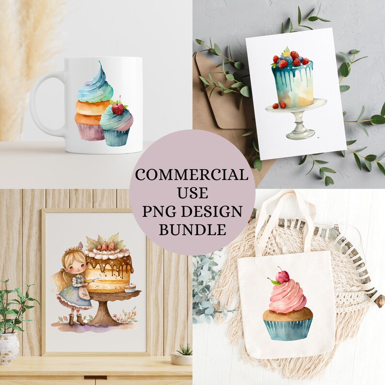 Watercolor Bakery Clipart Set Cakes and Cupcakes PNG Set - Etsy