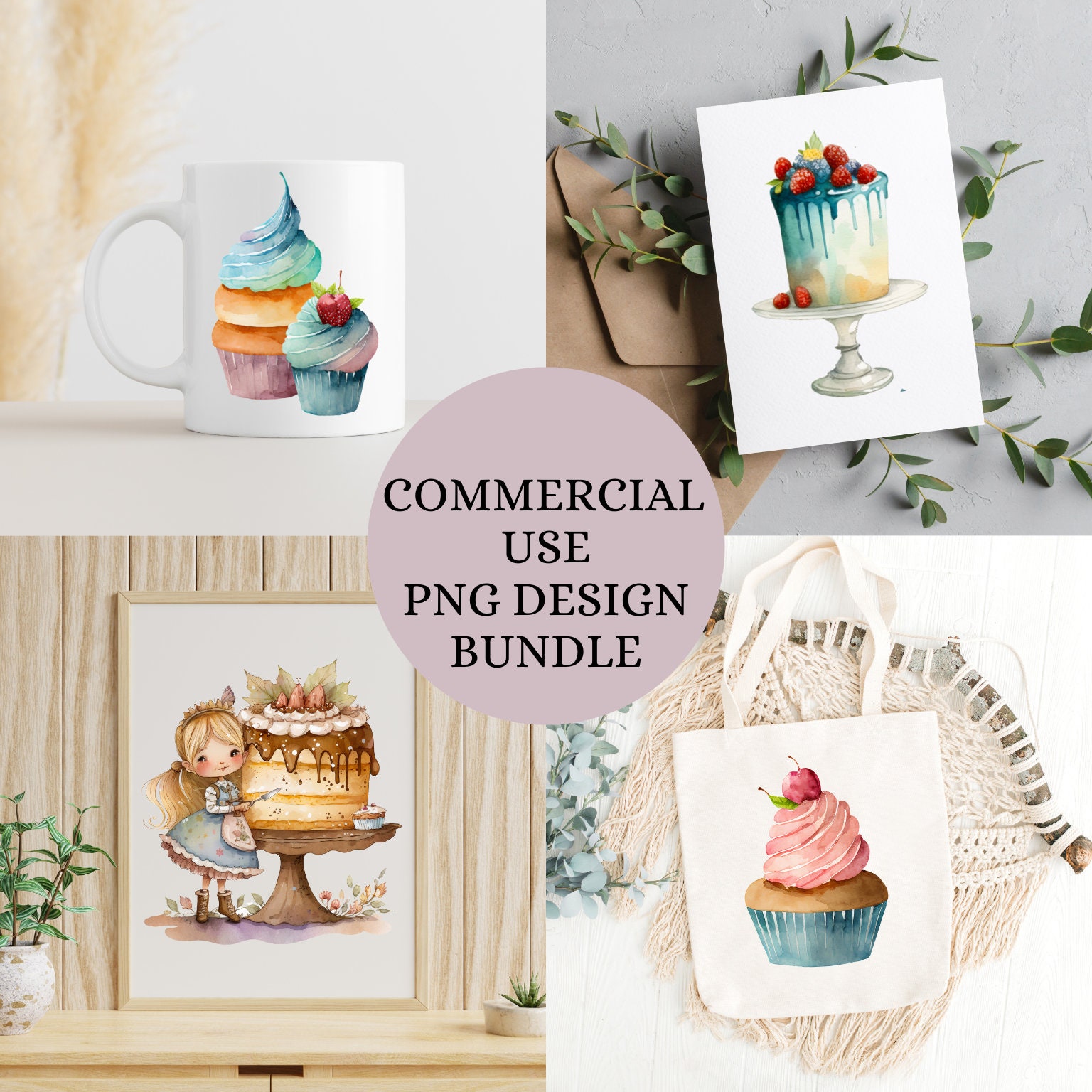 Watercolor Bakery Clipart Set Cakes and Cupcakes PNG Set - Etsy