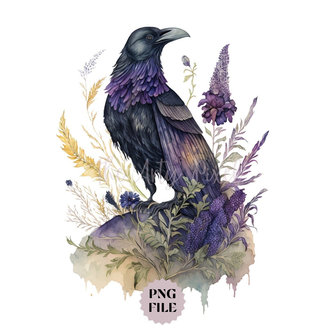 Watercolor Raven Clipart, Raven Floral PNG, Fantasy Sublimation Design ...