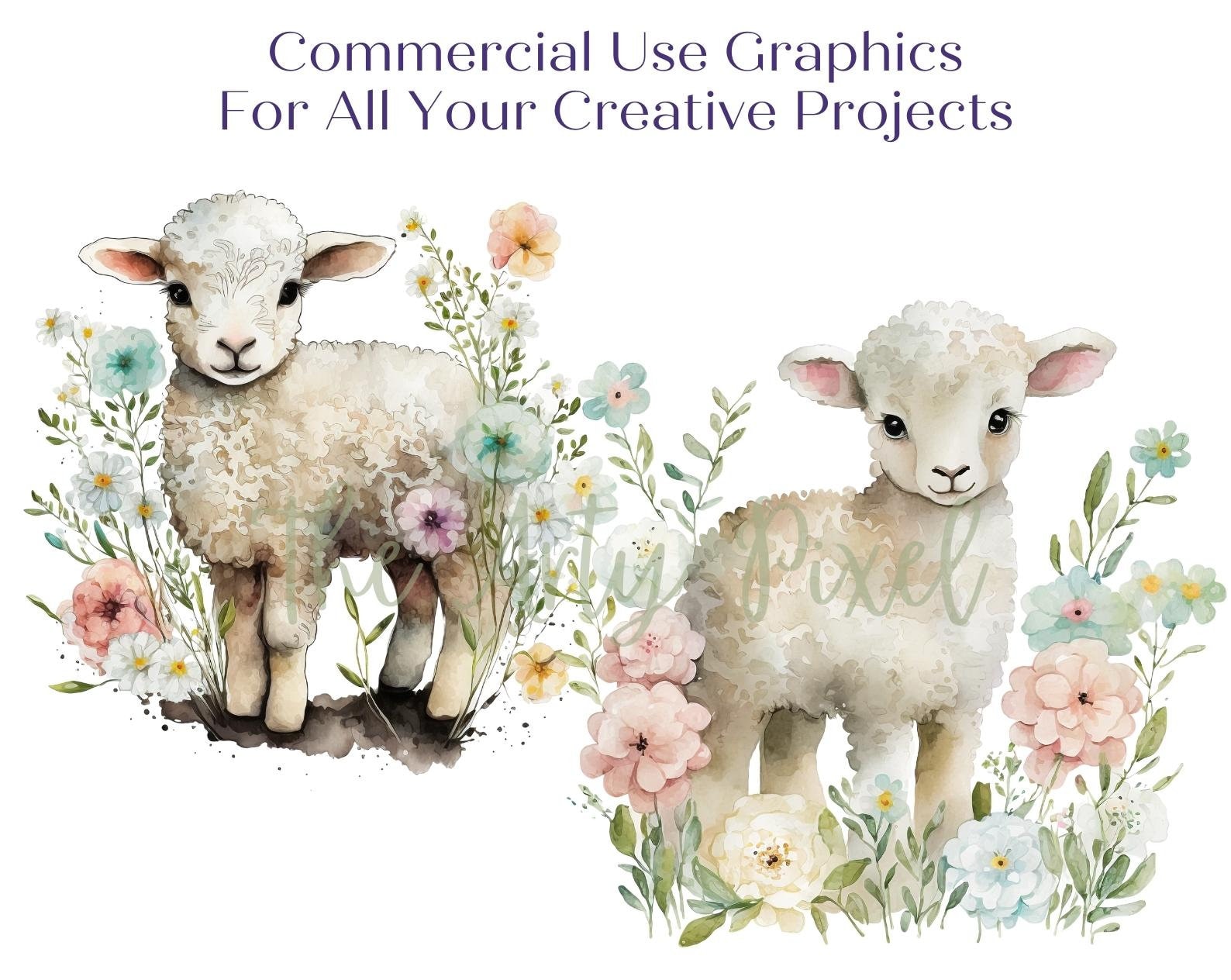 Cute Lamb Clipart, Spring Watercolor PNG Bundle, Commercial Use ...