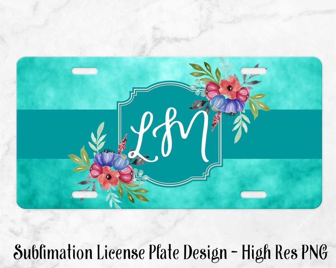 License Plate Sublimation Template - Car Tag Design - Aqua Floral PNG ...