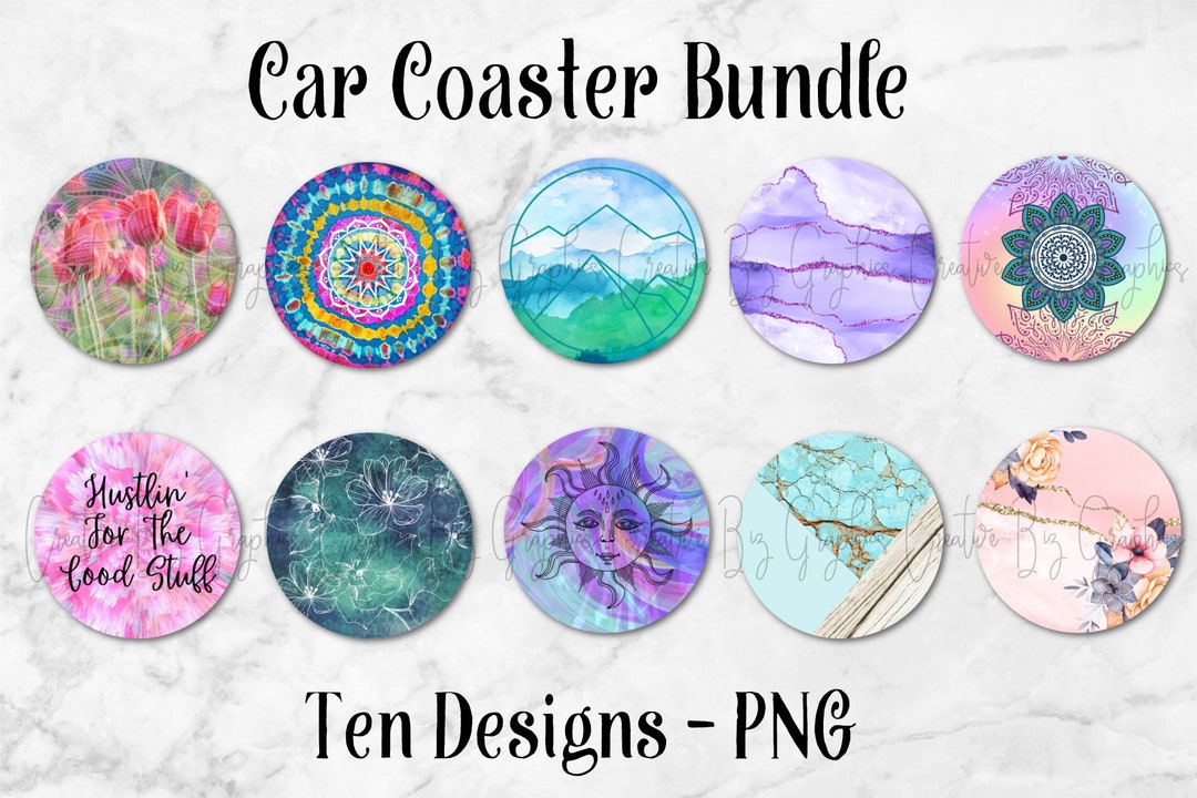 Car Coaster Design Bundle, Sublimation Graphics, Pretty Round PNG Set ...