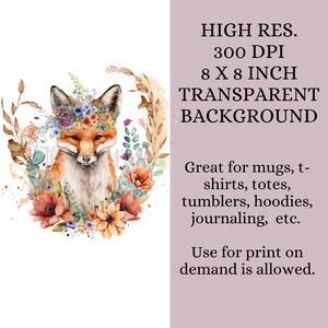 Floral Fox Watercolor PNG, Cute Fox Clipart, Sublimation Design ...