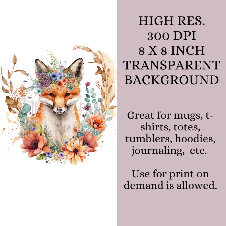 Floral Fox Watercolor PNG Cute Fox Clipart Sublimation - Etsy