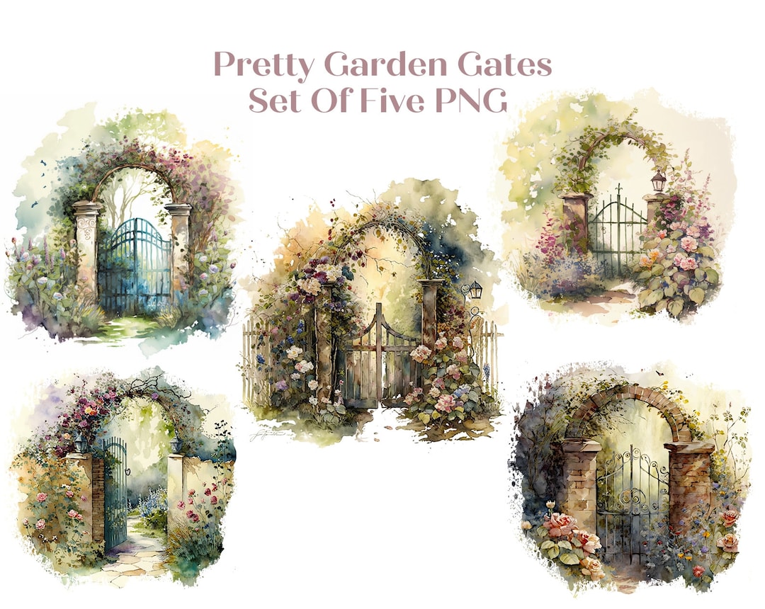Pretty Watercolor Garden Gate Clipart, Commercial Use Graphics, Spring ...
