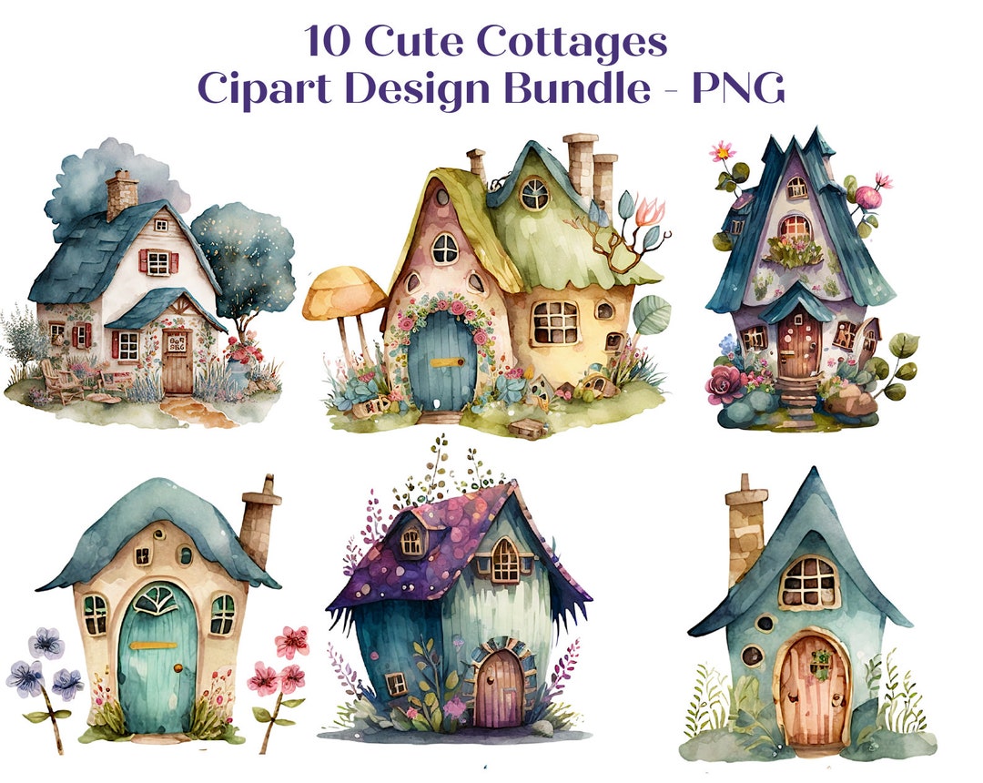 Cute Cottage Clipart, Watercolor Houses, Cozy Cottages Bundle, PNG for ...