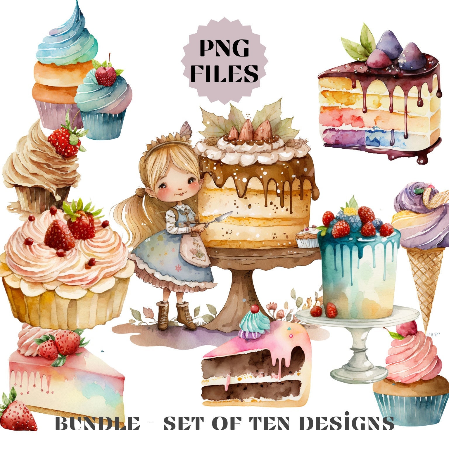 Watercolor Bakery Clipart Set Cakes and Cupcakes PNG Set - Etsy