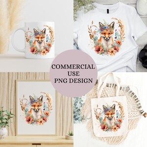 Floral Fox Watercolor PNG, Cute Fox Clipart, Sublimation Design ...