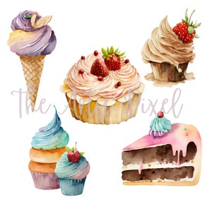 Watercolor Bakery Clipart Set, Cakes and Cupcakes PNG Set, Instant ...