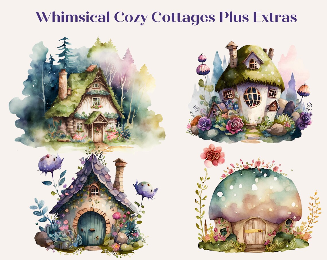 Cute Cottage Clipart, Watercolor Houses, Cozy Cottages Bundle, PNG for ...