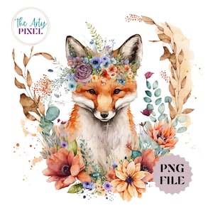 Floral Fox Watercolor PNG, Cute Fox Clipart, Sublimation Design ...