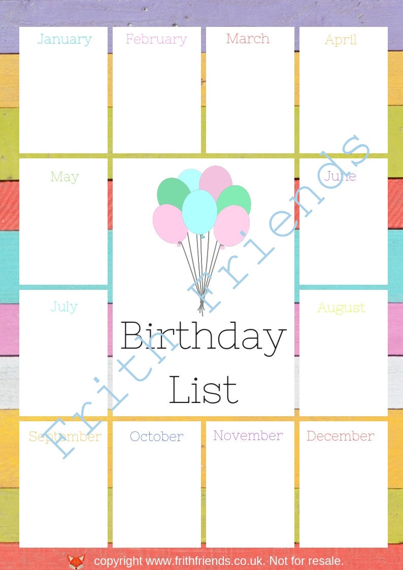 Birthday List Printable Downloadable Birthday Log Printable - Etsy