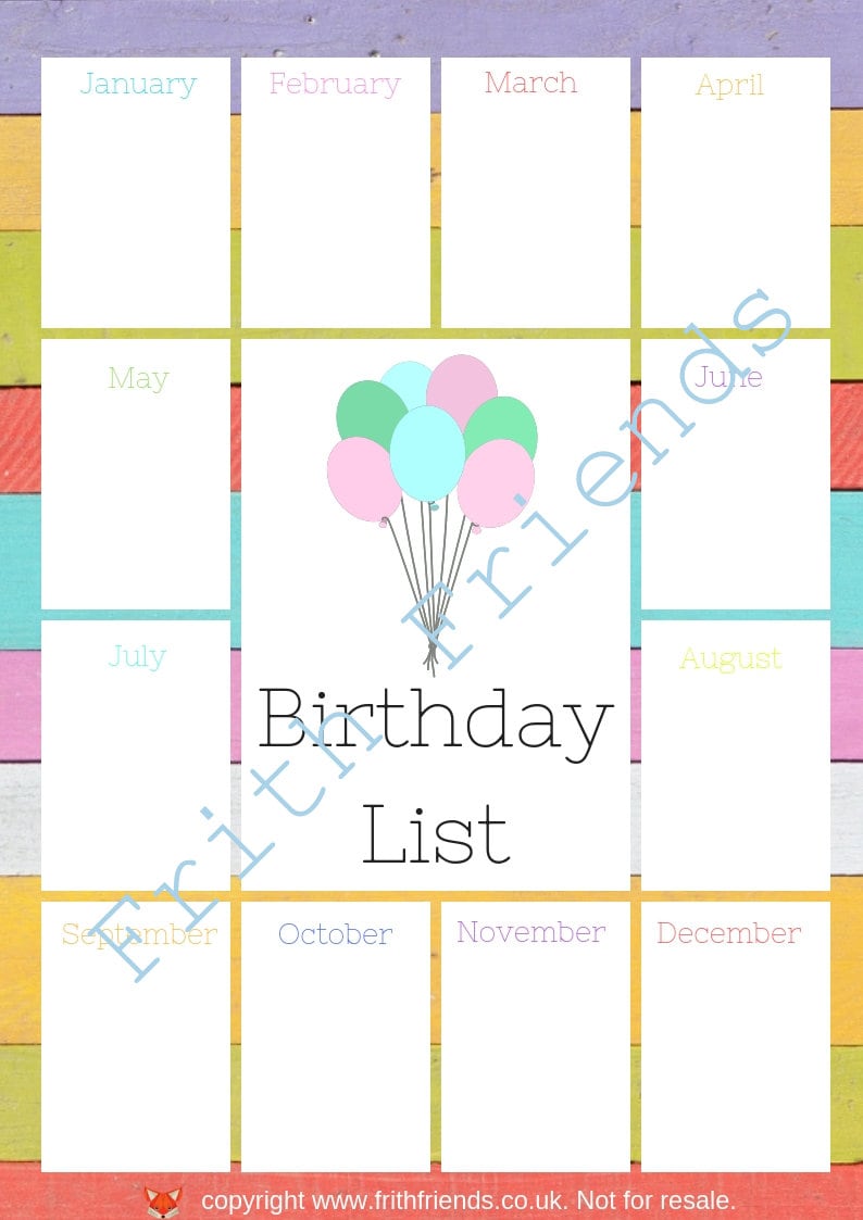 Birthday List Printable Downloadable Birthday Log Printable - Etsy