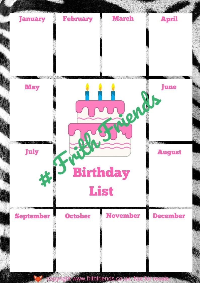 Zebra Birthday List Printable, Downloadable Birthday Log, Printable ...