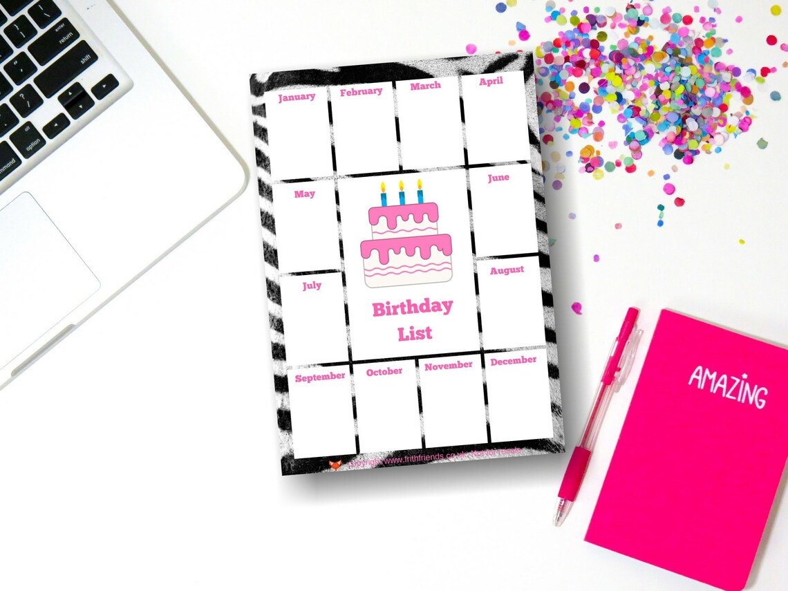 Zebra Birthday List Printable, Downloadable Birthday Log, Printable ...