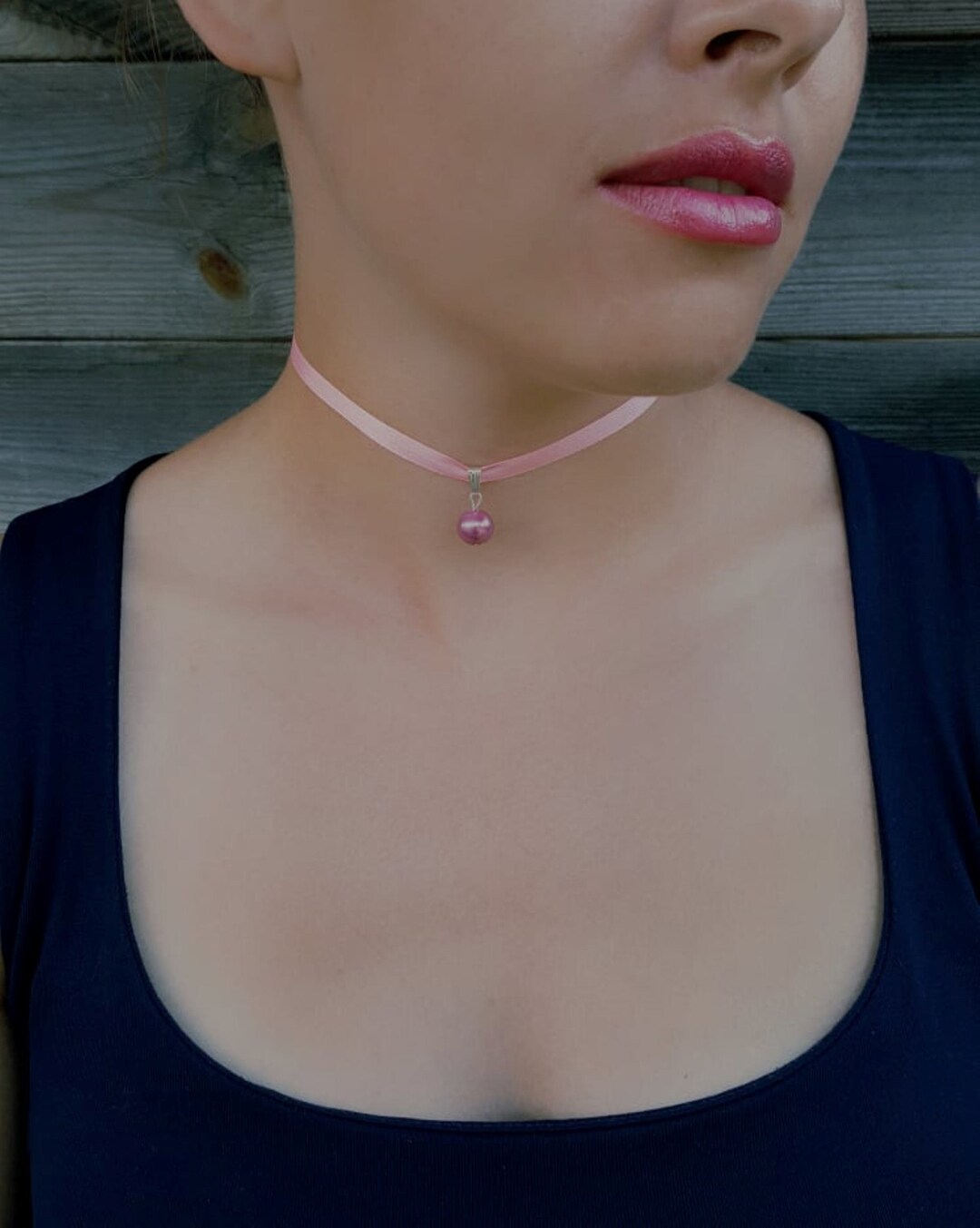 Light Pink Ribbon Choker With Bead Charm - Etsy