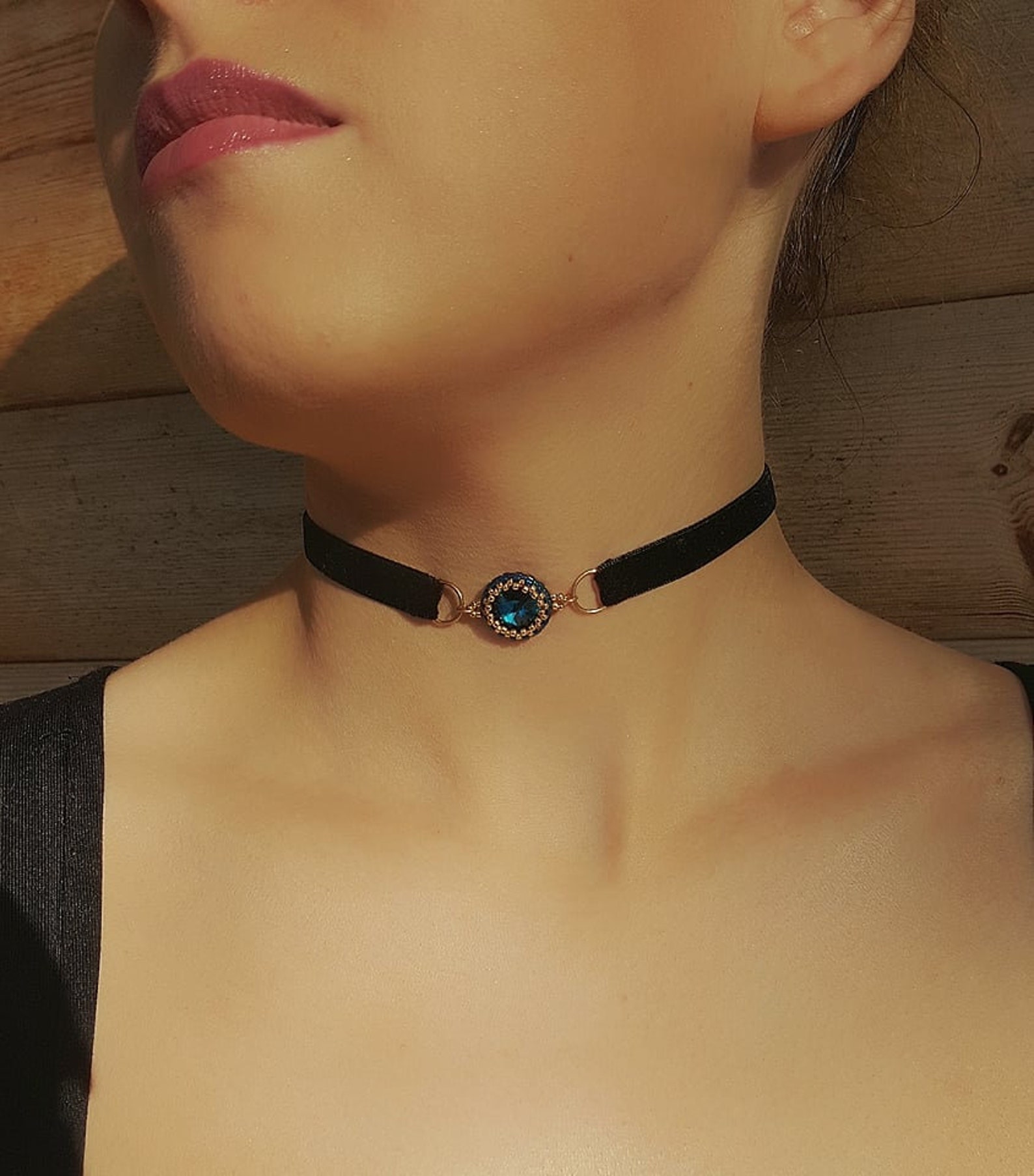 Black Velvet Choker With Beaded Blue and Gold Tone Charm - Etsy