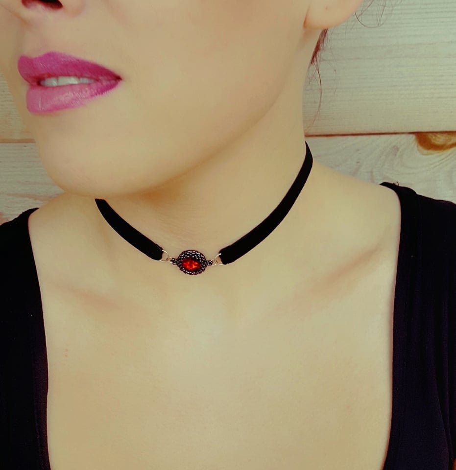 Black Velvet Choker With Ruby Red Glass Crystal - Etsy