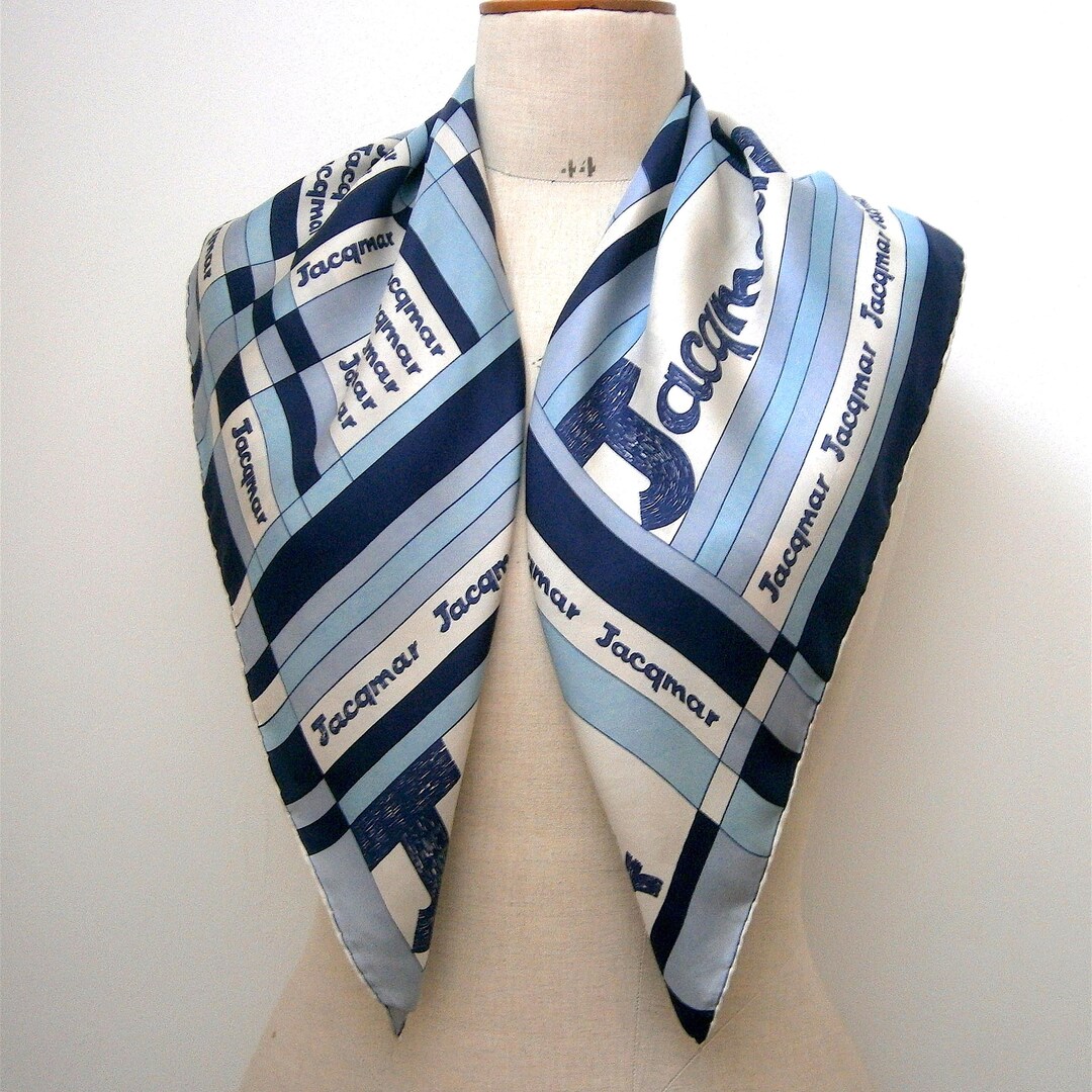 Vintage 1970s Jacqmar Scarf, Jacqmar Silk Scarf, Navy & White Logo ...