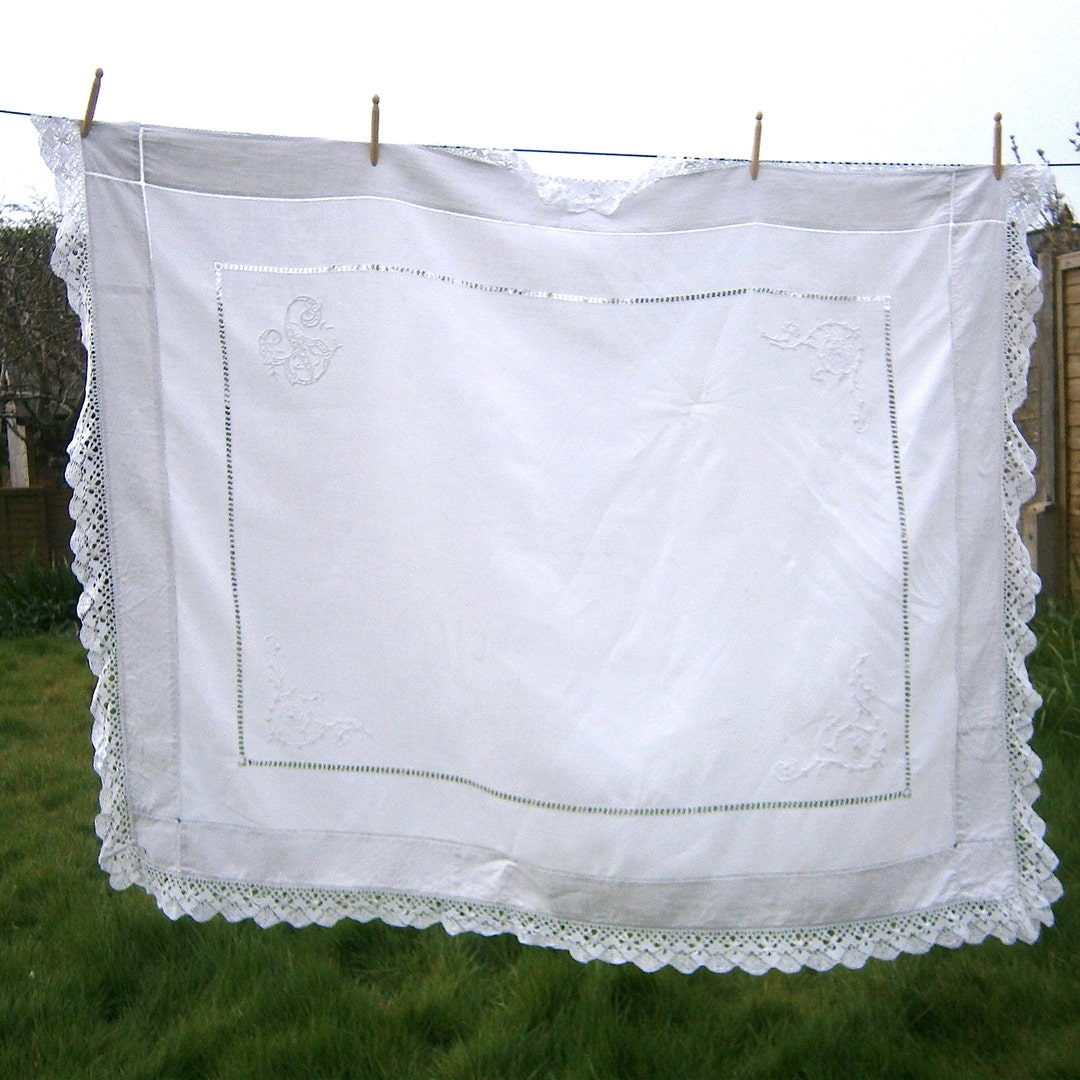 Antique Linen Tablecloth Drawn Thread Work Lace & Embroidery 65 X 56 ...