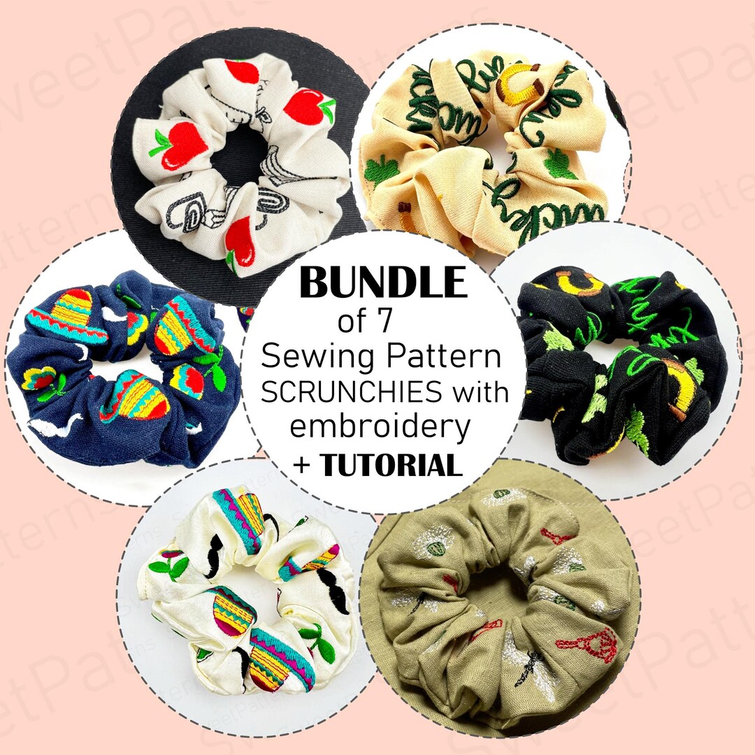 Scrunchie Sewing Pattern With Embroidery Designs (PDF Pattern Bundle of ...