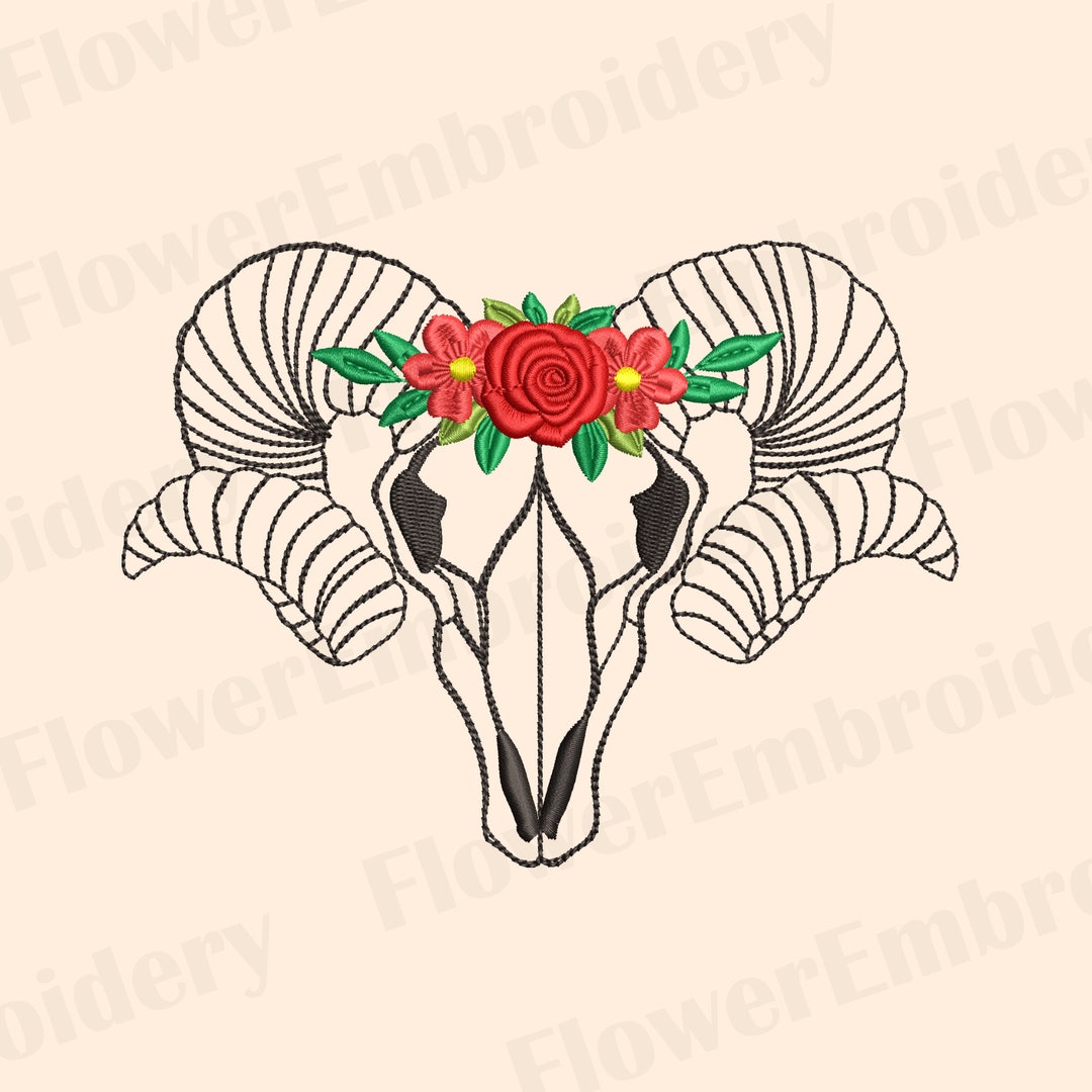 Ram Skull in Flower Machine Embroidery Design Western Bull - Etsy