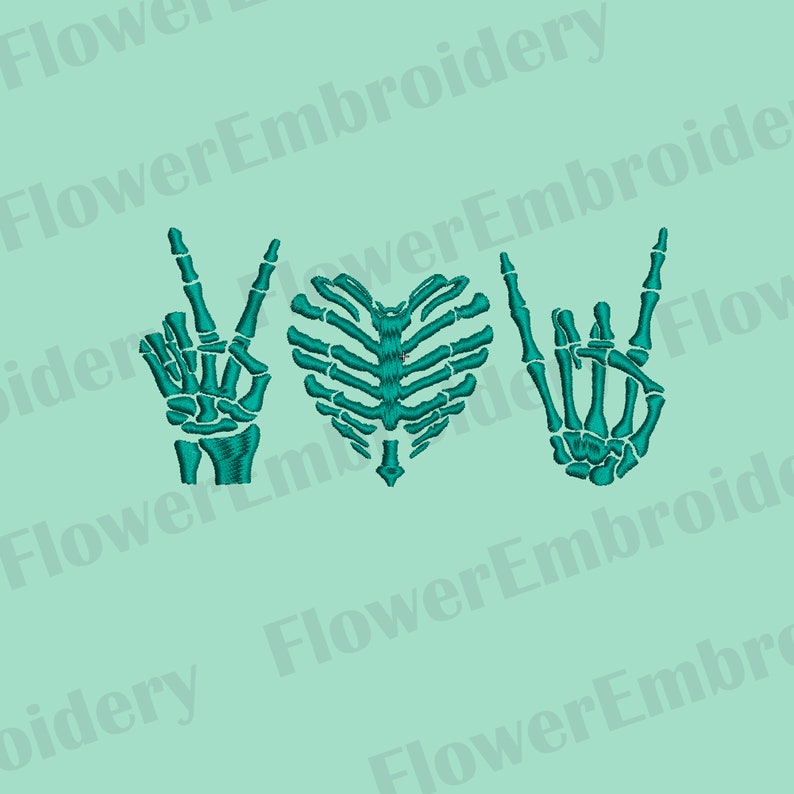 Peace, Love, Rock and Roll Day of the Dead Embroidery Design Finger ...