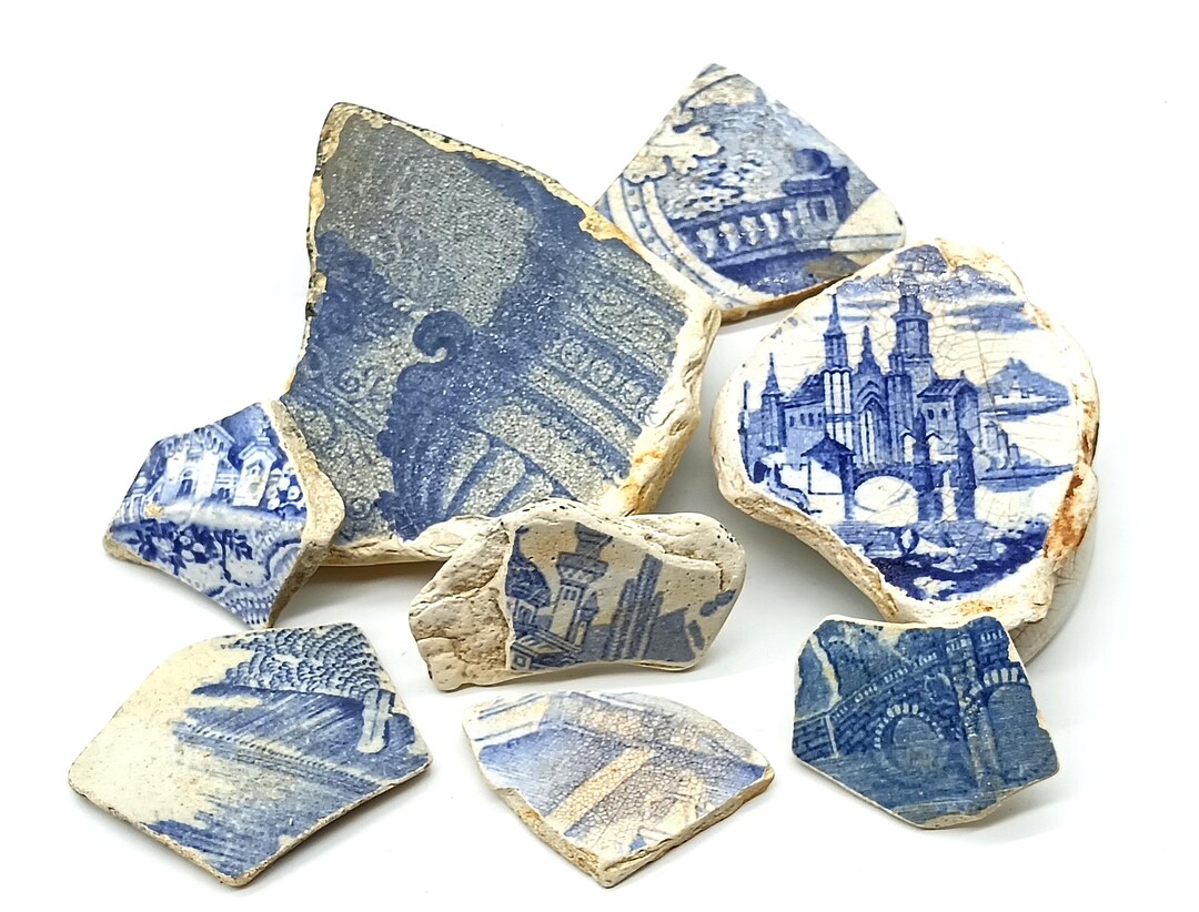 8 Large Sea Worn Classical, Castles, Buildings, & Urns Blue White ...