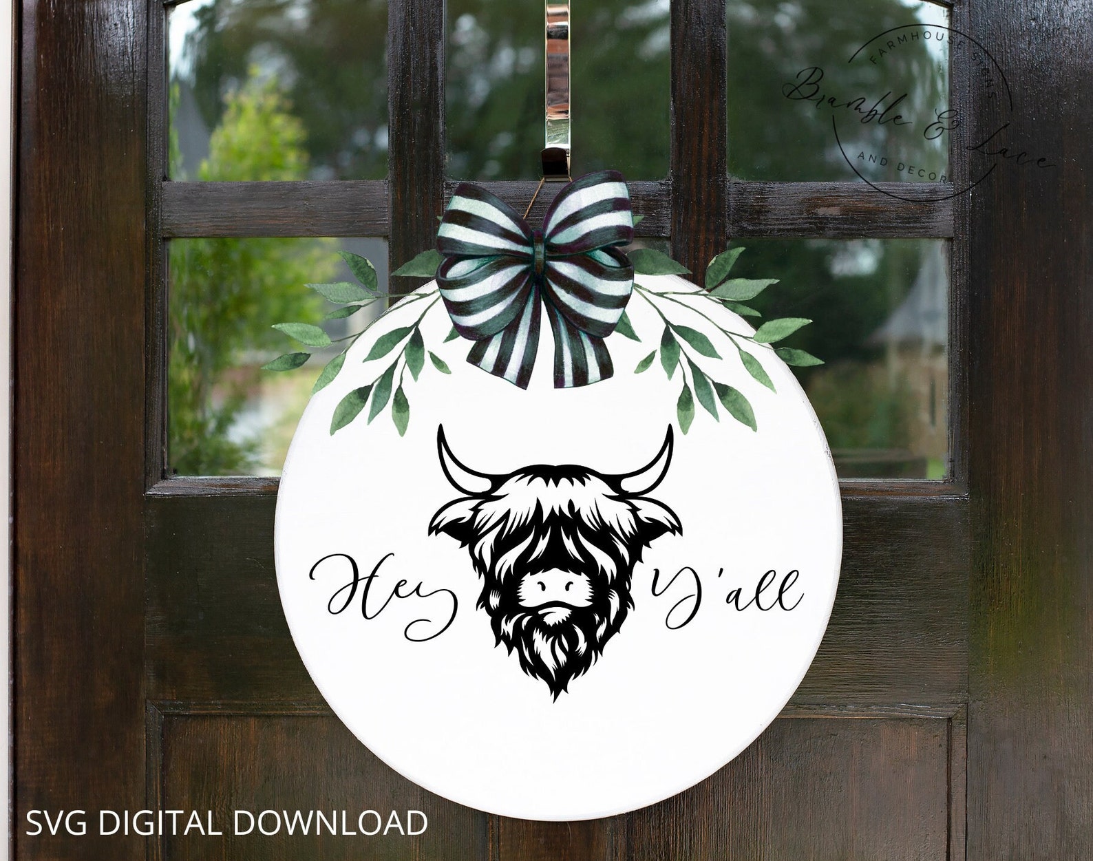 Hey Yall Highland Cow Door Hanger Svg File Hello Svg Etsy