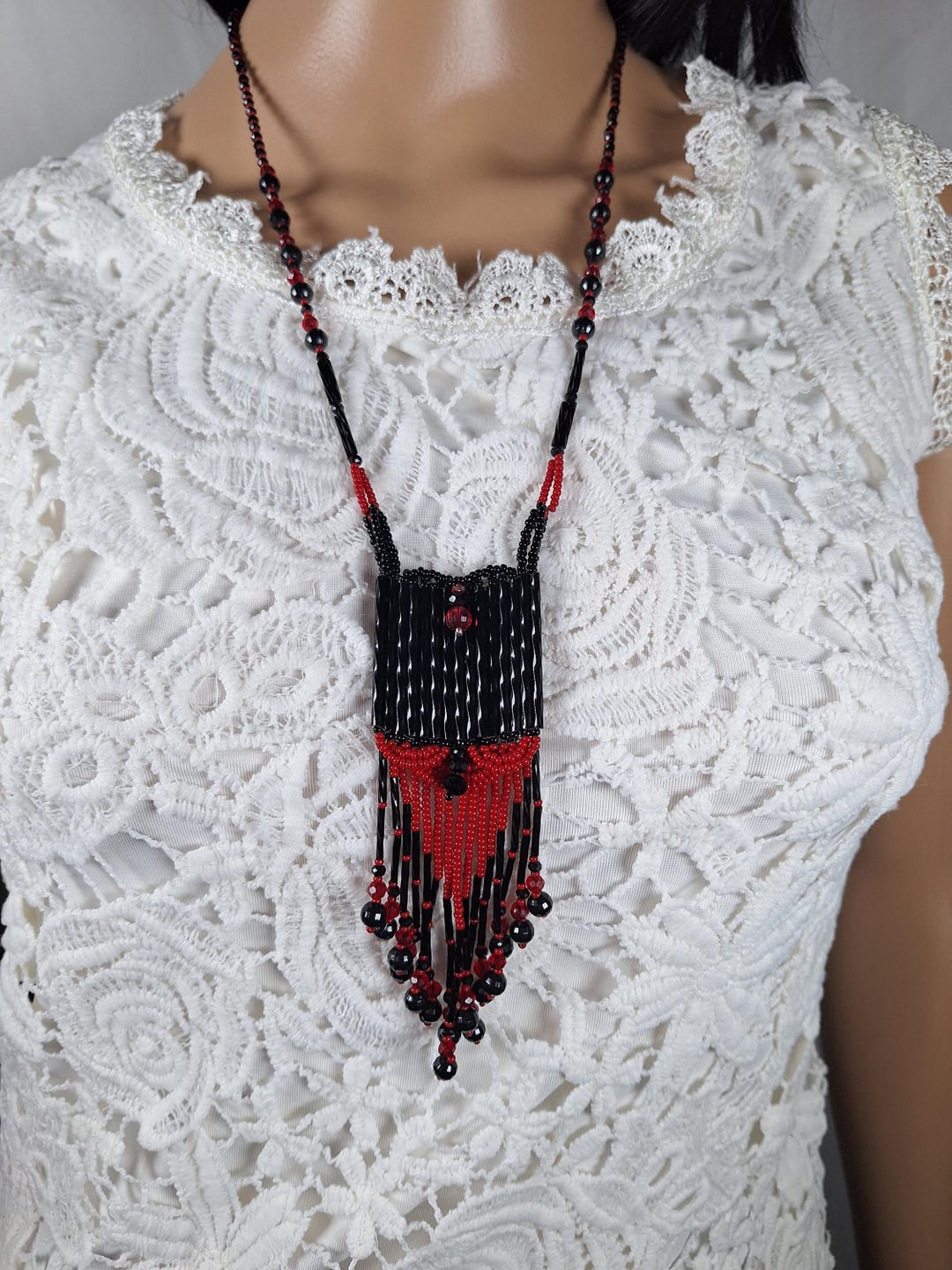 Black & Red Fringe Necklace for Women, Fringe Necklaces, Seed Bead ...