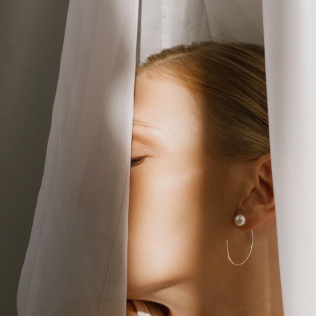 Huggie Hoop Threader Earrings, Threader Earrings Pearl, Pull Through Open Hoop Earrings, Open ...