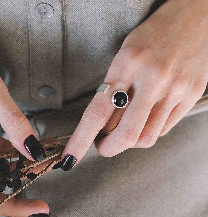Dainty open ring Black onyx ring Silver onyx ring Silver | Etsy