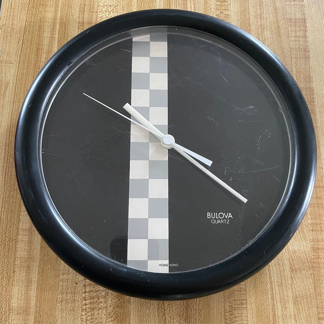 Vintage 1980s Post Modern Bulova Wall Clock Analog Black Checkerboard ...
