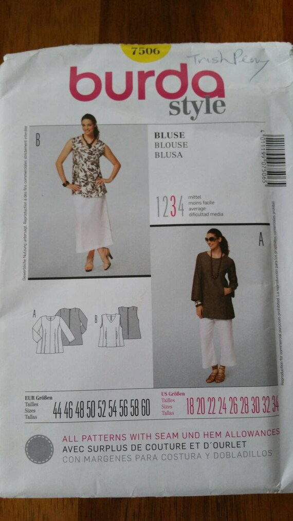 Burda Uncut Top Pattern 7506 Sizes 18-20-22-24-26-28-30-32-34 Patterns ...