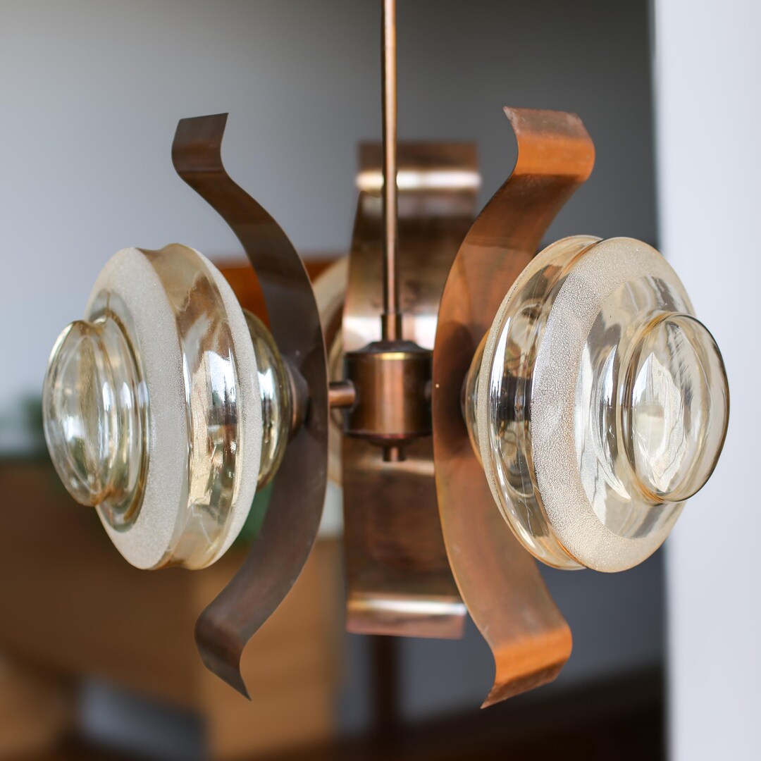 Mid Century Modern Copper and Globe Hanging Light Fixture / Brutalist ...