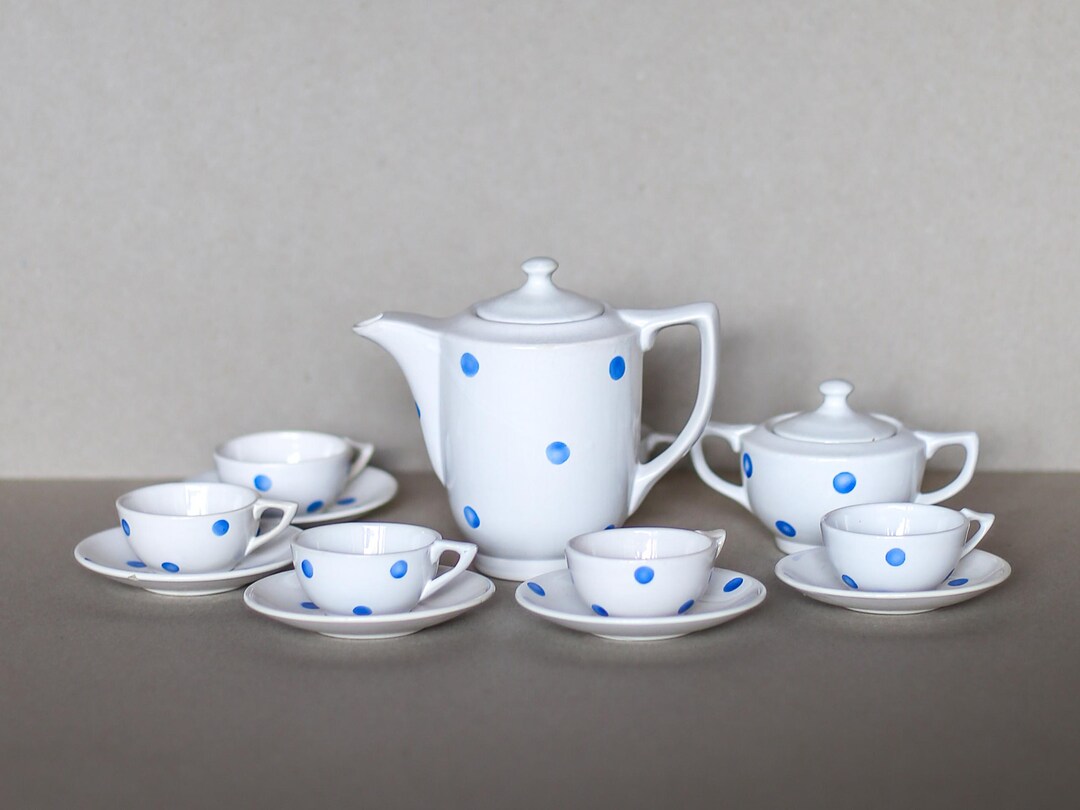 Vintage KIL Liboje Coffee Set: Blue Polka Dot Porcelain, Mid-century ...