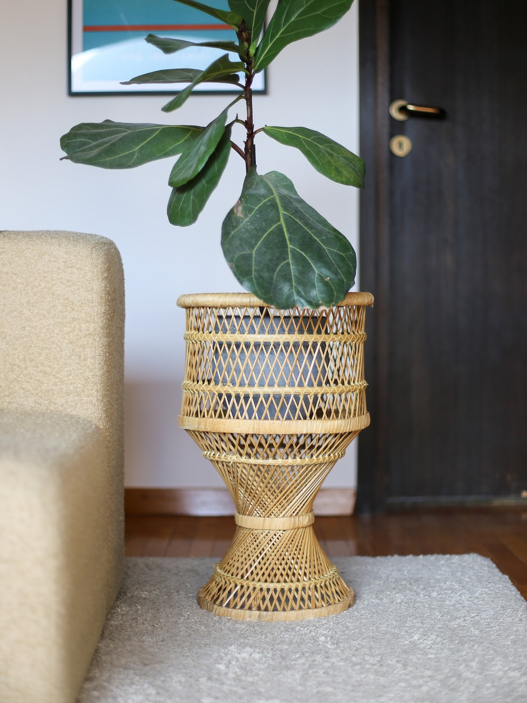 XL Vintage Bamboo Rattan Plant Stand / Vintage Wicker Flower Stand ...