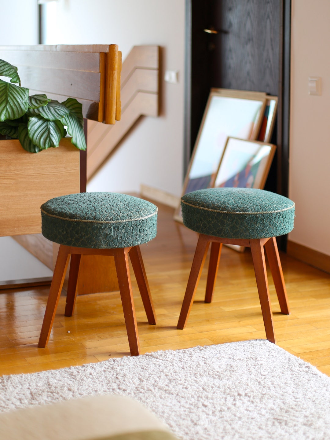 Set of 2 Vintage Green Mid Century Foot Stool / Vintage Ottoman ...