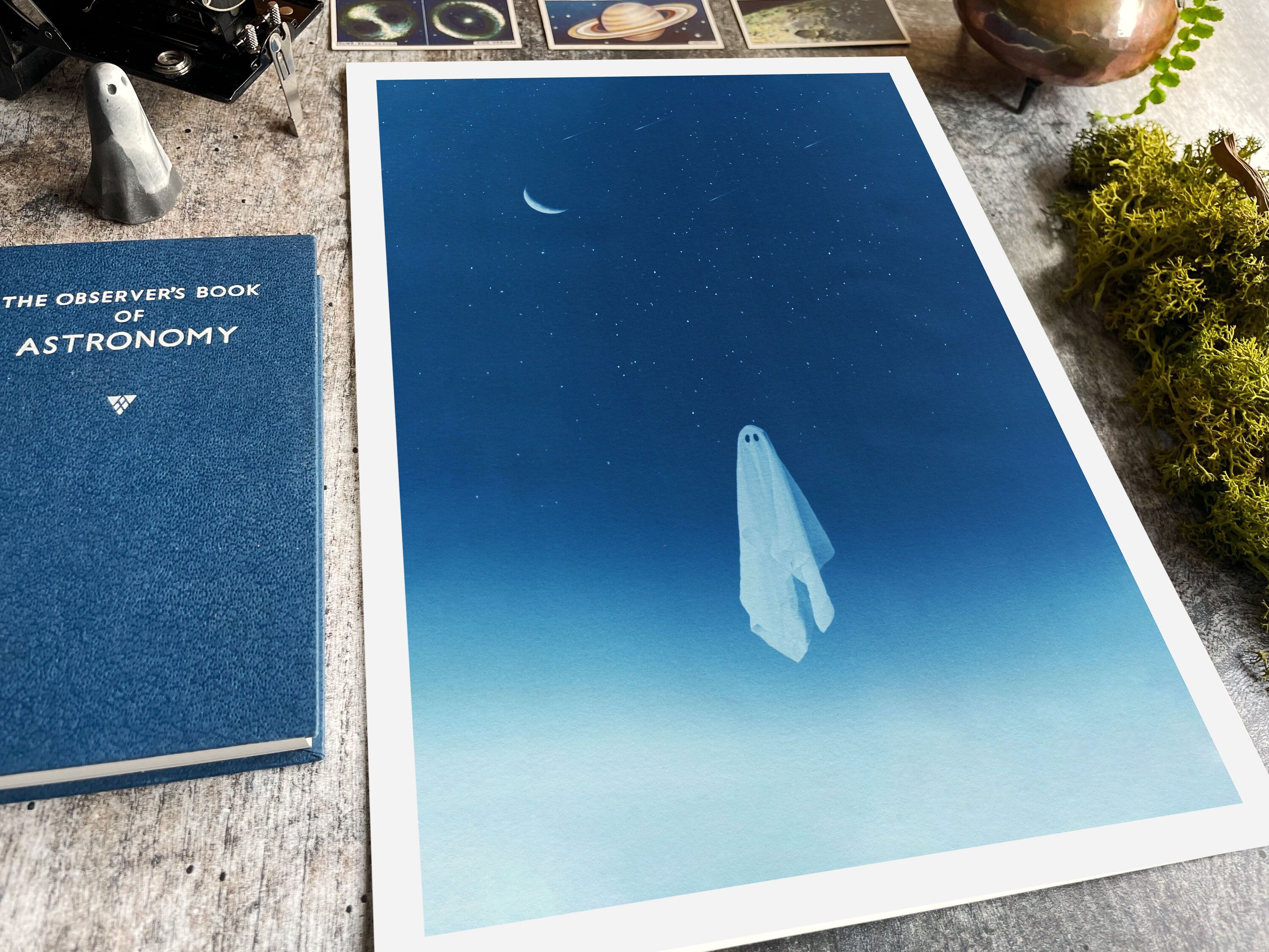 Celestial Ghost Cyanotype Art Print, Spooky Night Sky Artwork ...