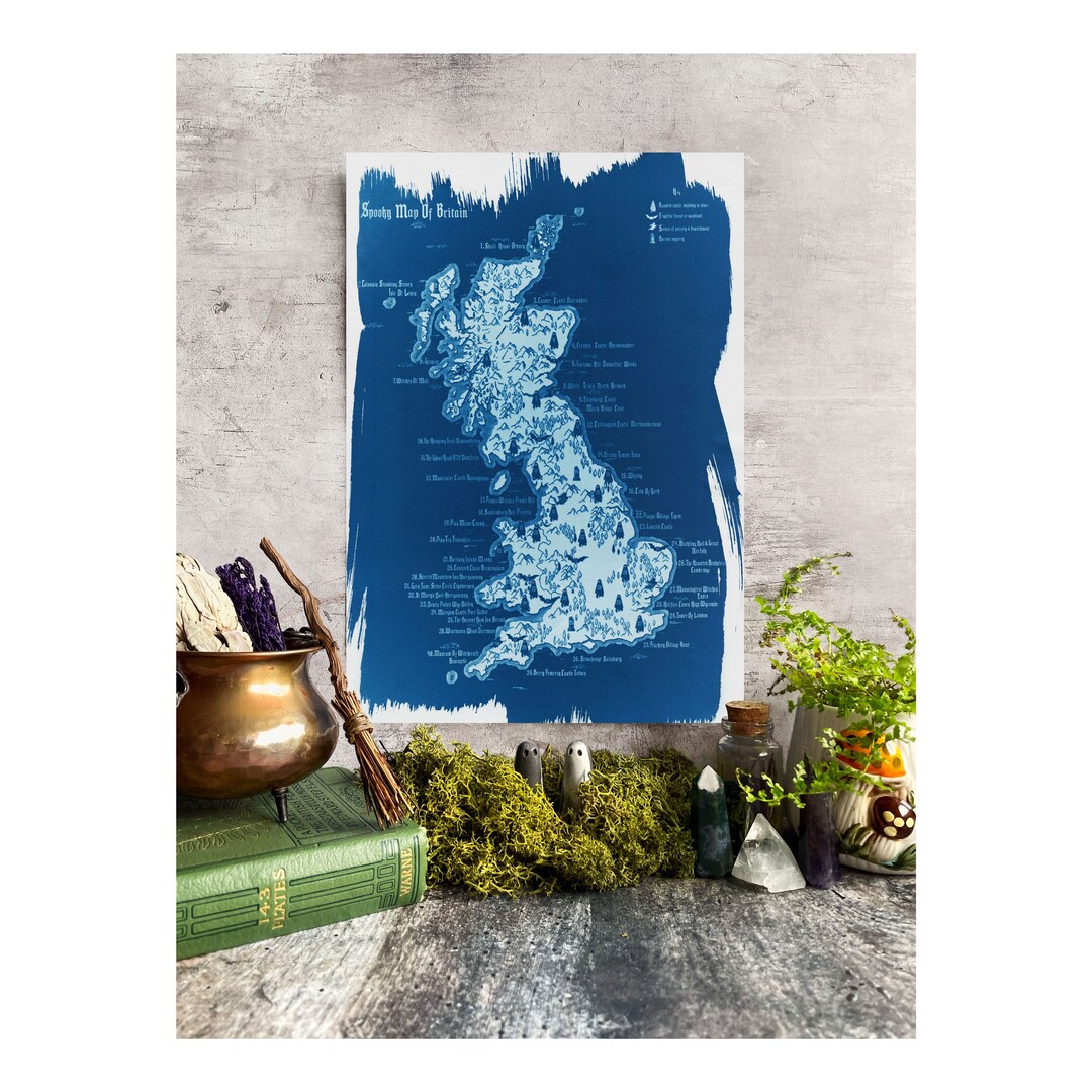 Spooky Map of Britain Cyanotype Art Print, Haunted Places in Britain ...
