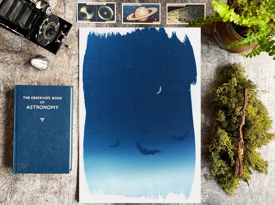 Flying Bats Cyanotype Art Print, Spooky Night Sky Artwork, Celestial ...